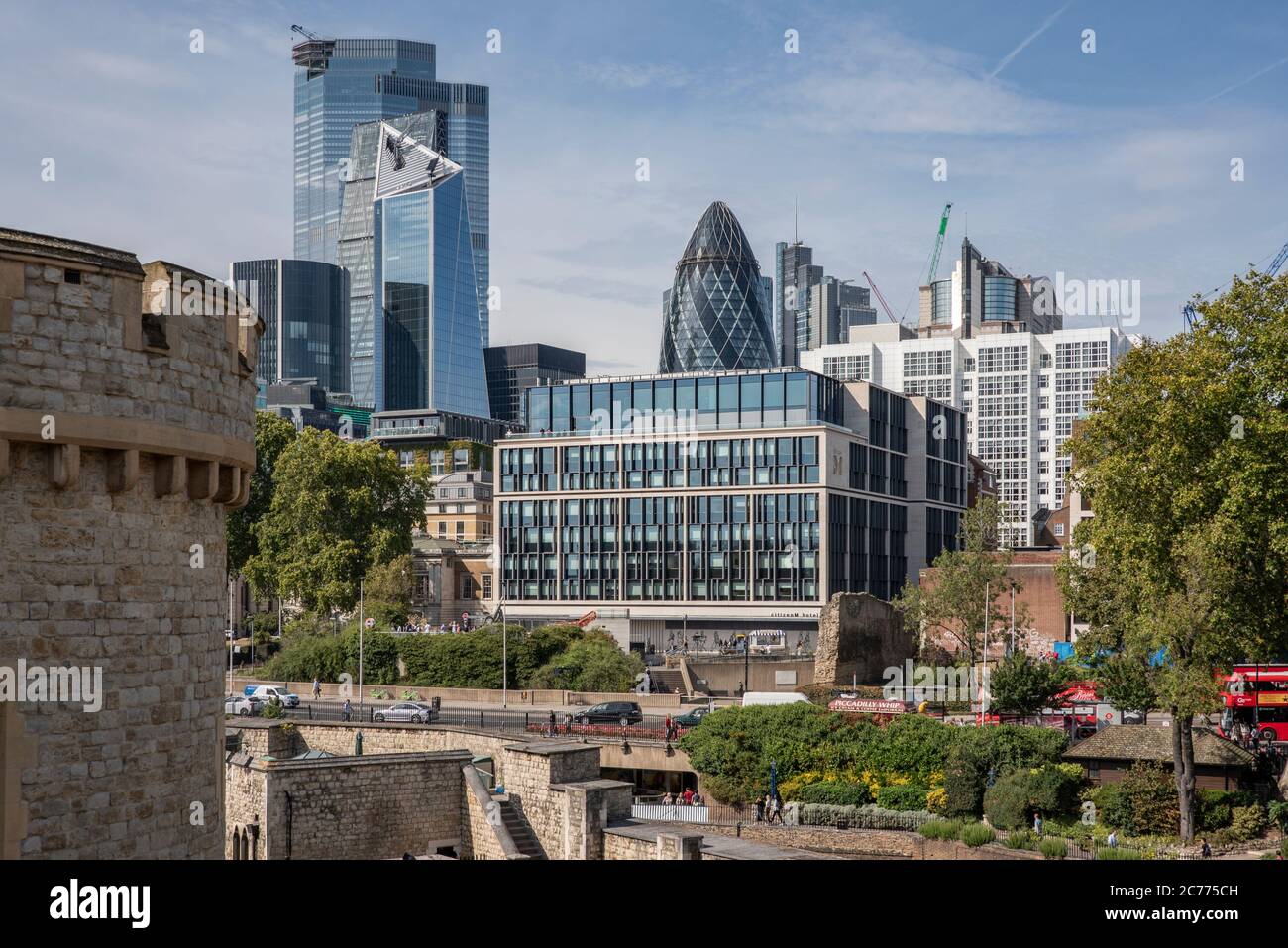 View from the ramparts of the Tower of London towards the City, London ...