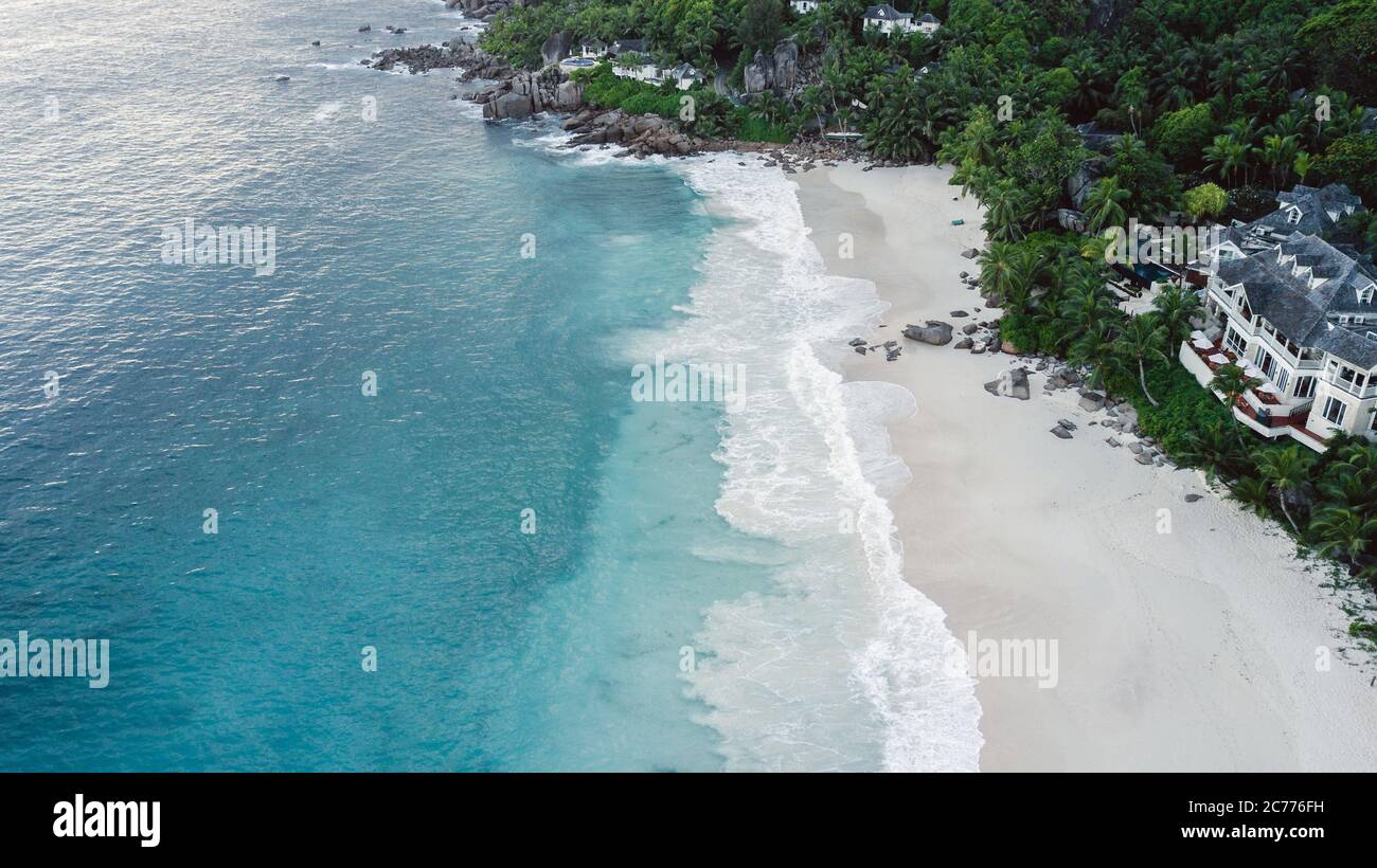 Seychelles beach Indian ocean from drone, shore and mountains Stock ...