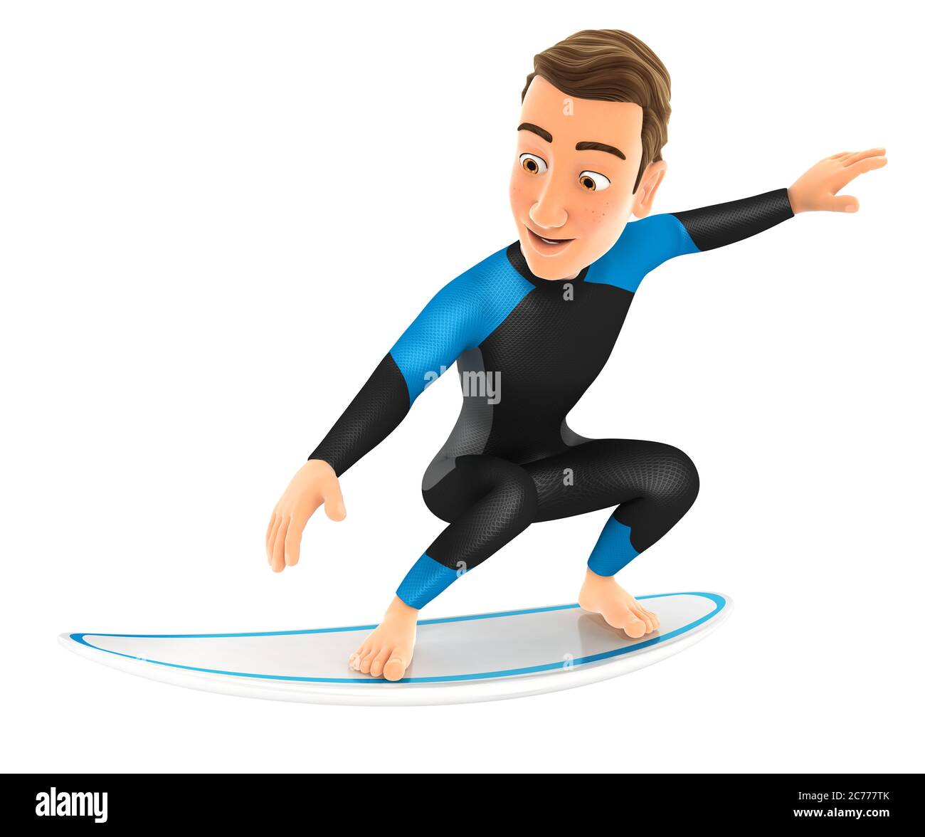 3d surfer surfing on a surfboard, illustration with isolated white ...