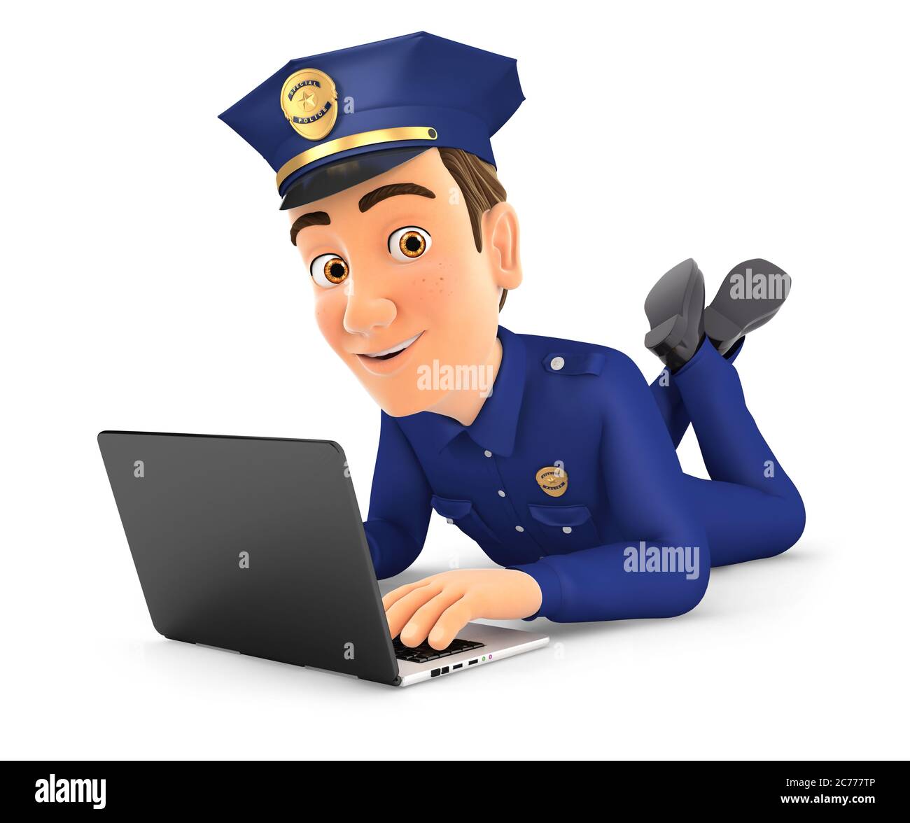 3d policeman lying on the floor and using laptop, illustration with ...