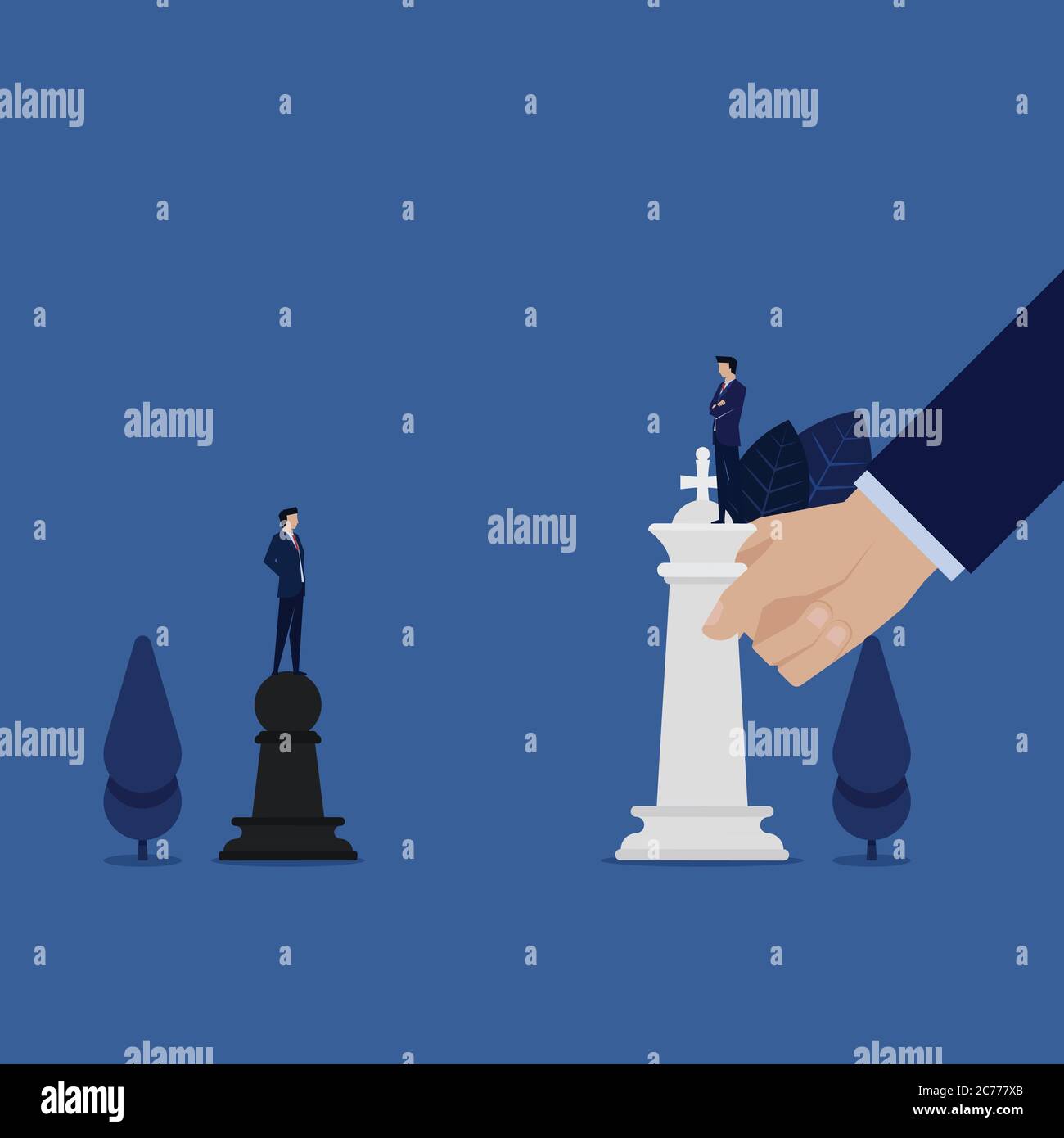 Business man standing above pawns challenge for king chess metaphor of ...