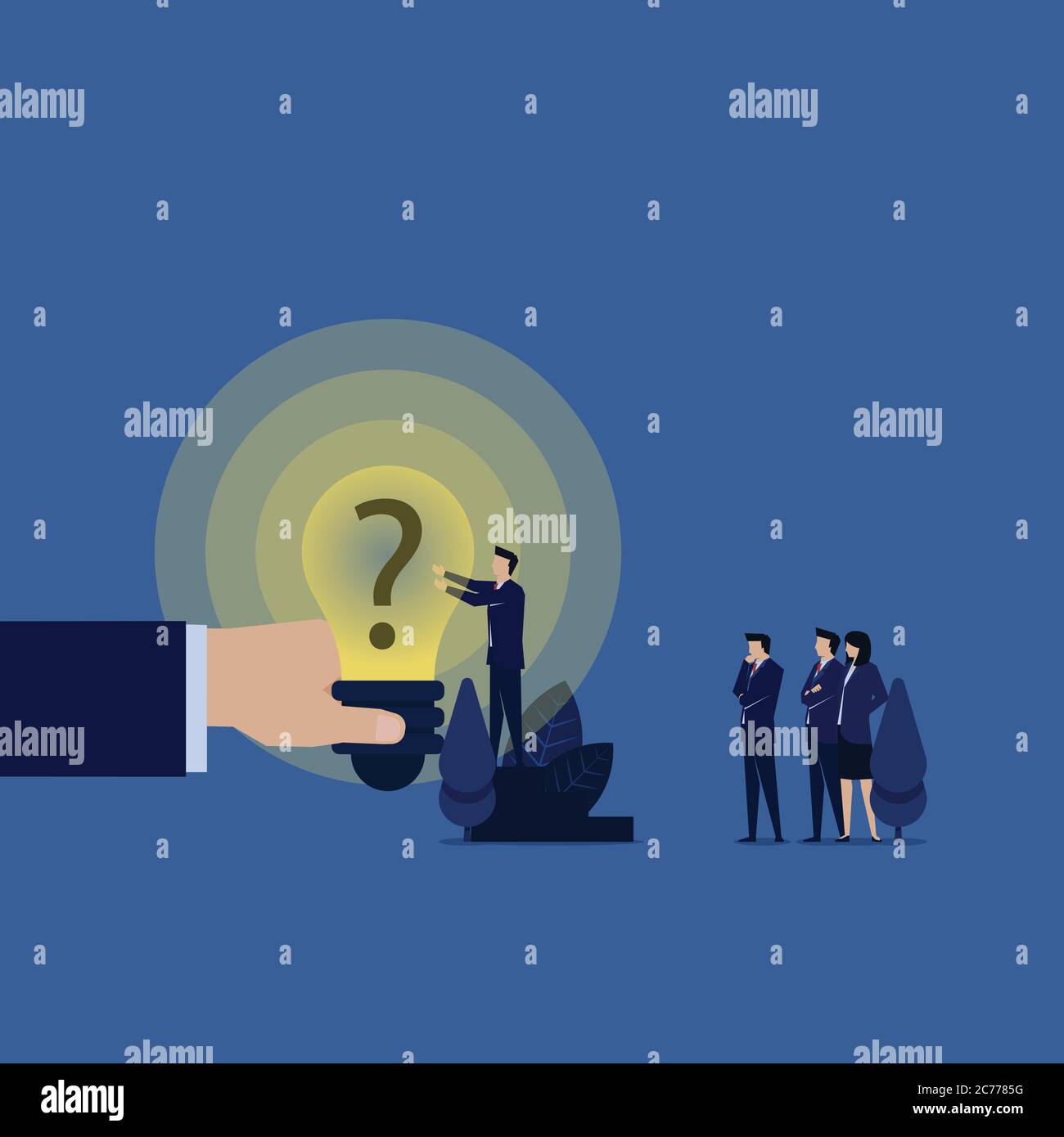 Business team put question mark on idea bulb metaphor of power of ...