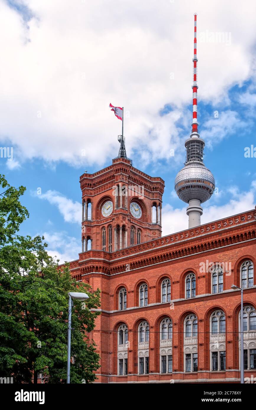 Red city hall and tv tower hi-res stock photography and images - Alamy