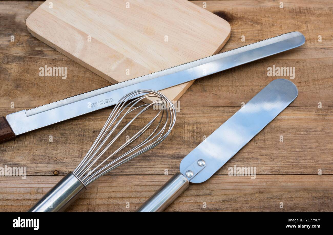 Bakery And Cooking Tools on wood table Stock Photo - Alamy