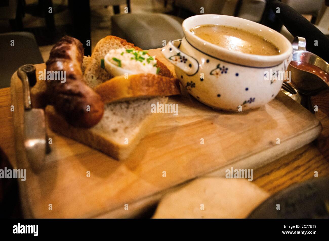 Traditional polish food breakfast and local cuisine set serve with soup ...