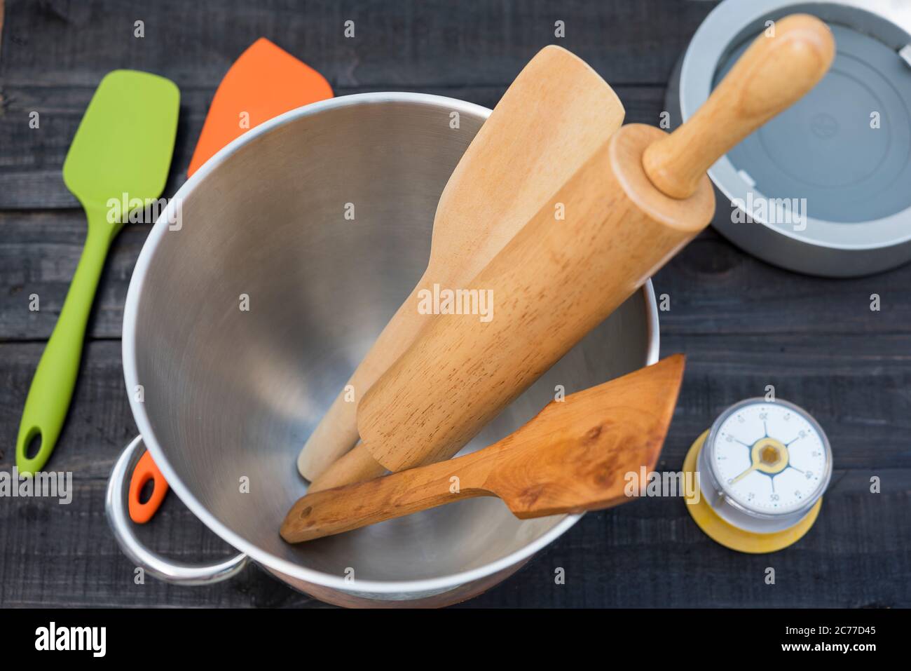 Bakery And Cooking Tools with kitchen timekeeping on wood table Stock ...