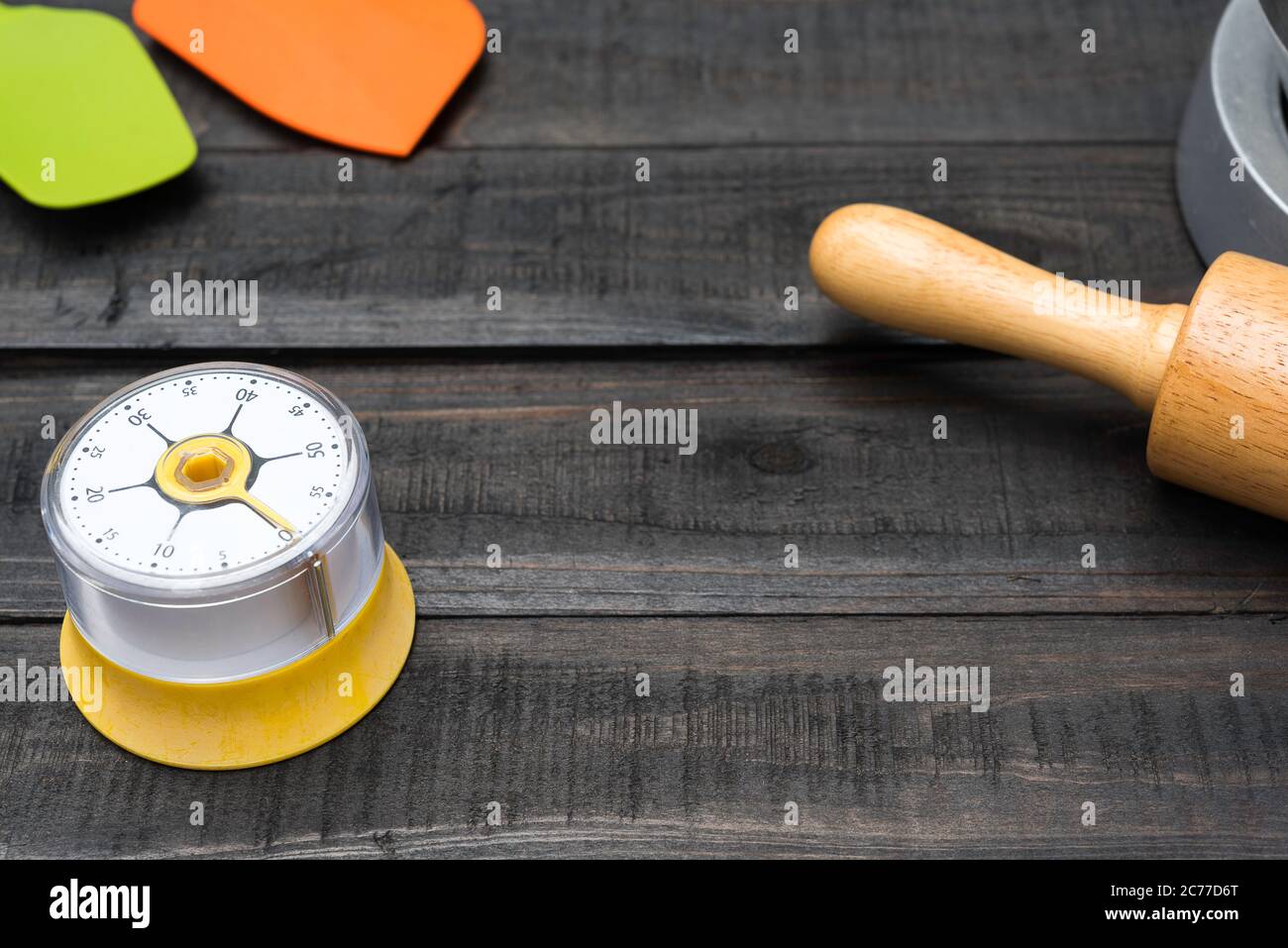 Bakery And Cooking Tools with kitchen timekeeping on wood table Stock ...