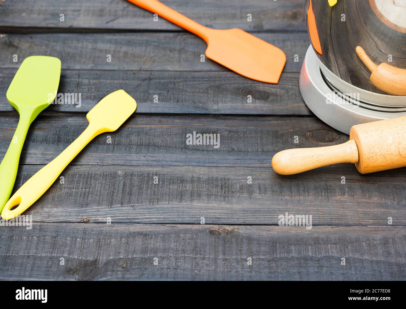 Bakery And Cooking Tools with kitchen timekeeping on wood table Stock ...
