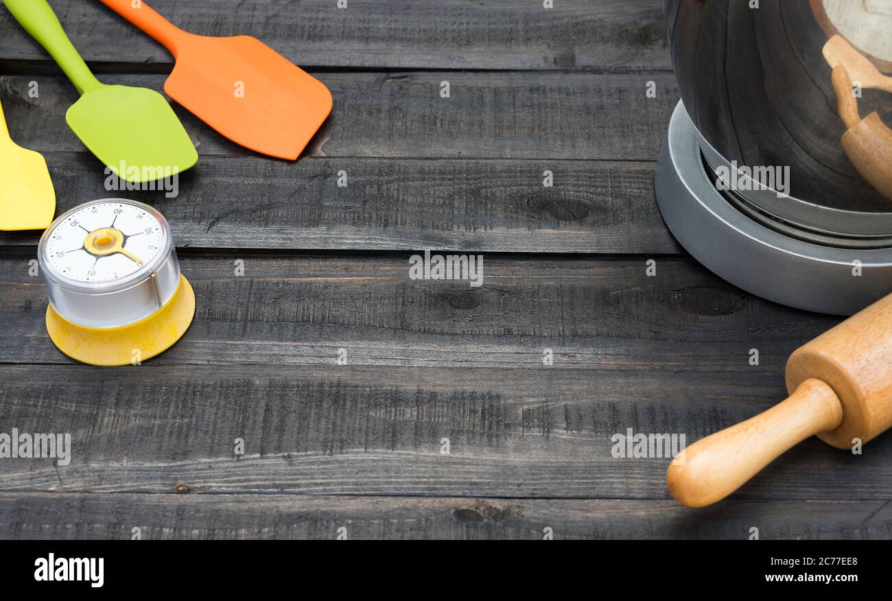 Bakery And Cooking Tools with kitchen timekeeping on wood table Stock ...