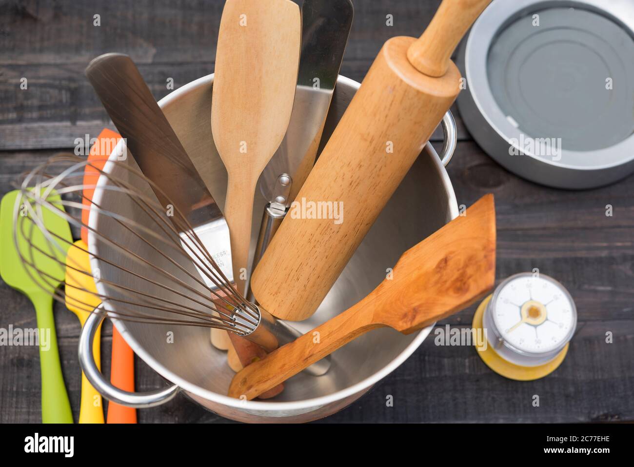 Bakery And Cooking Tools with kitchen timekeeping on wood table Stock ...