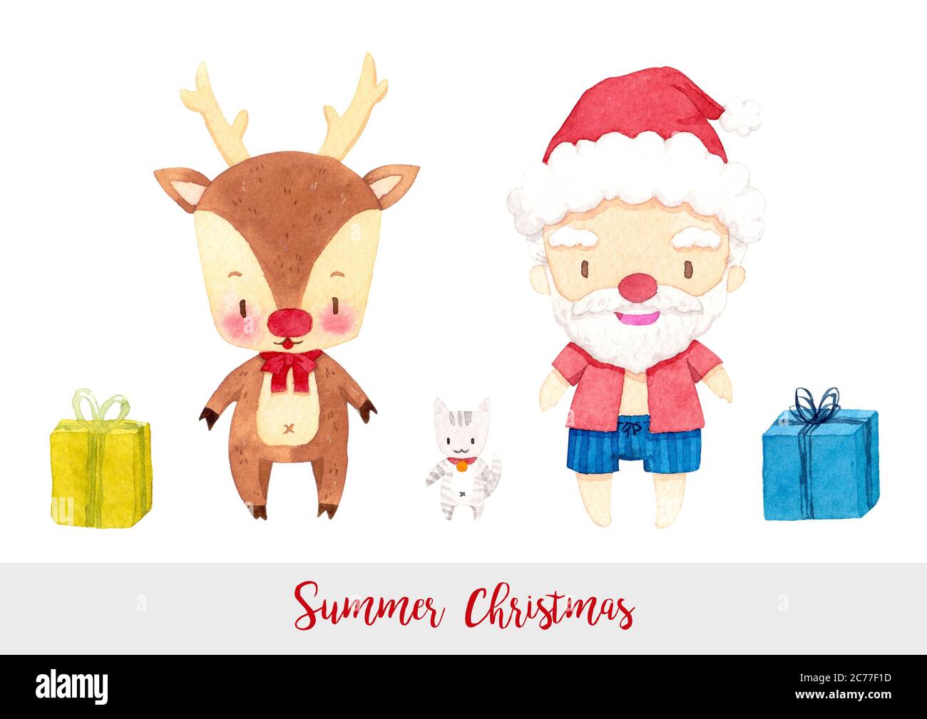 Cute Santa Claus, reindeer, cat and gift boxes. cartoon character ...