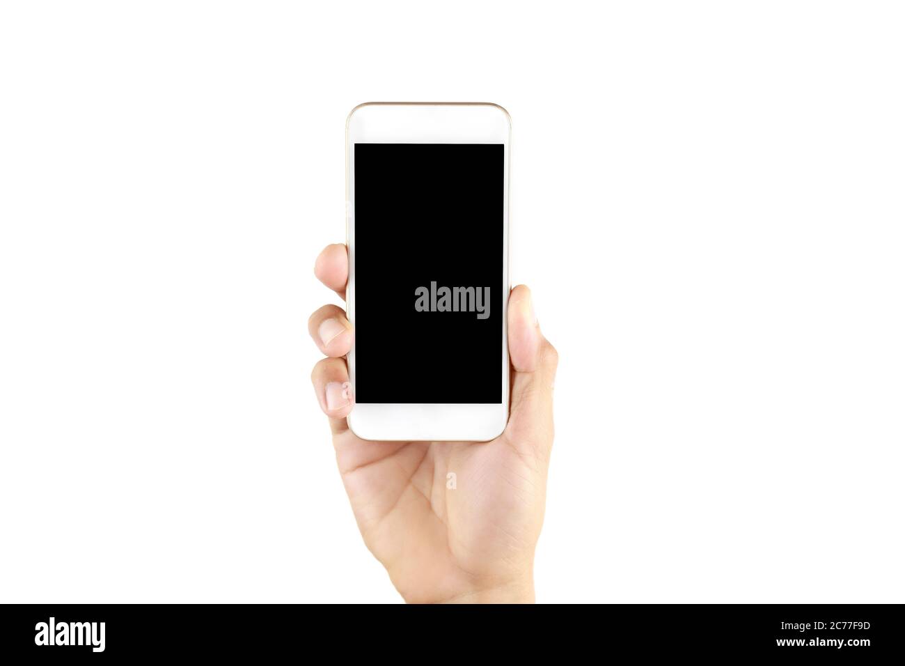 Man hand holding smartphone isolated on white background save with ...