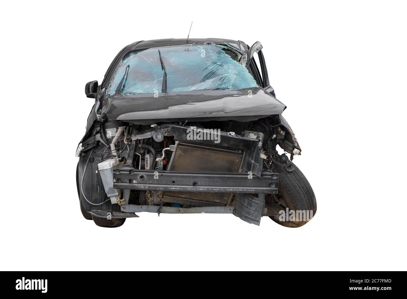 Front of black color car get big damage by accident on road. Isolated ...