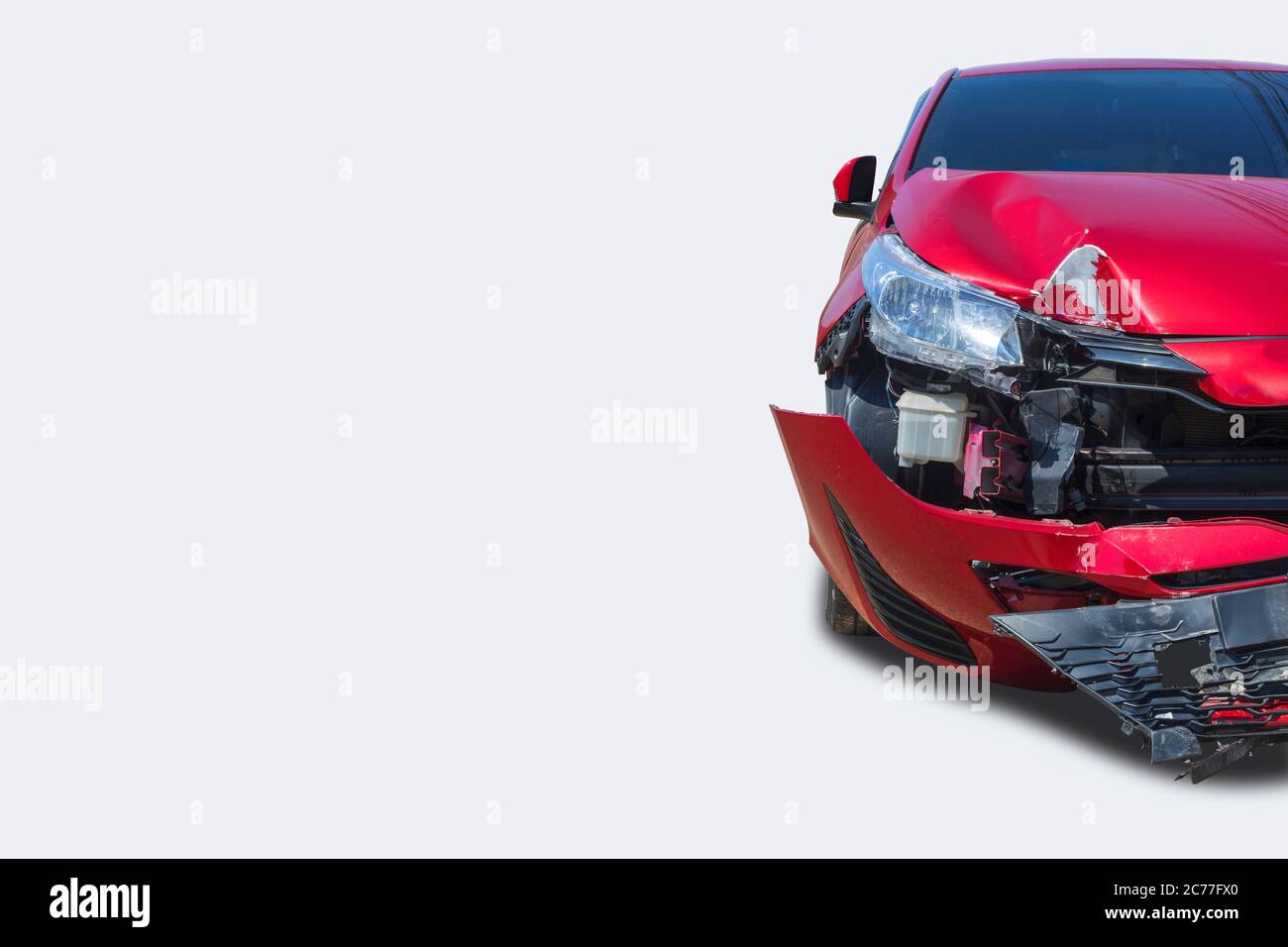 Front of red color car big damaged and broken by accident. Save with ...