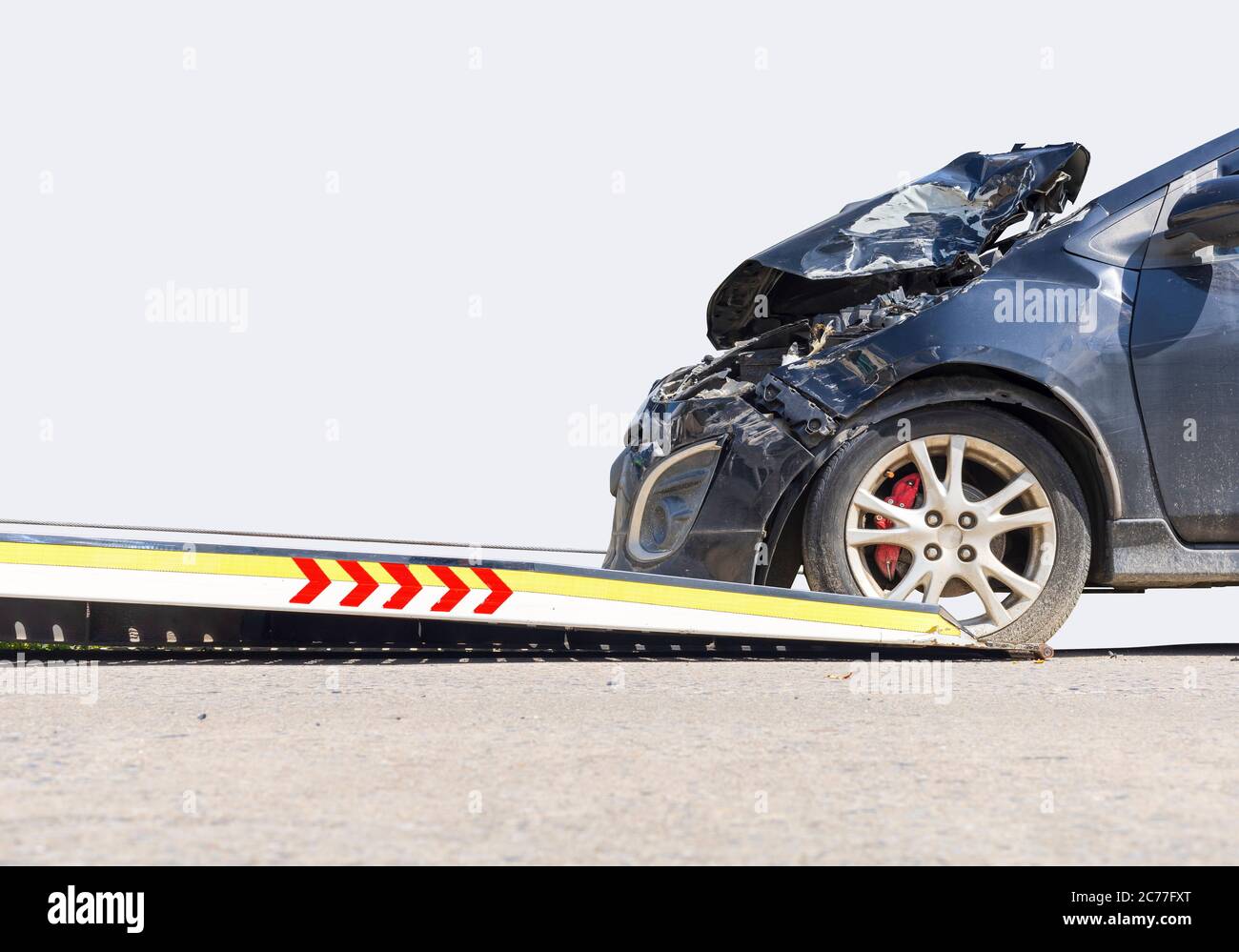 accident Car Slide on truck for move. Black car have damage by accident ...