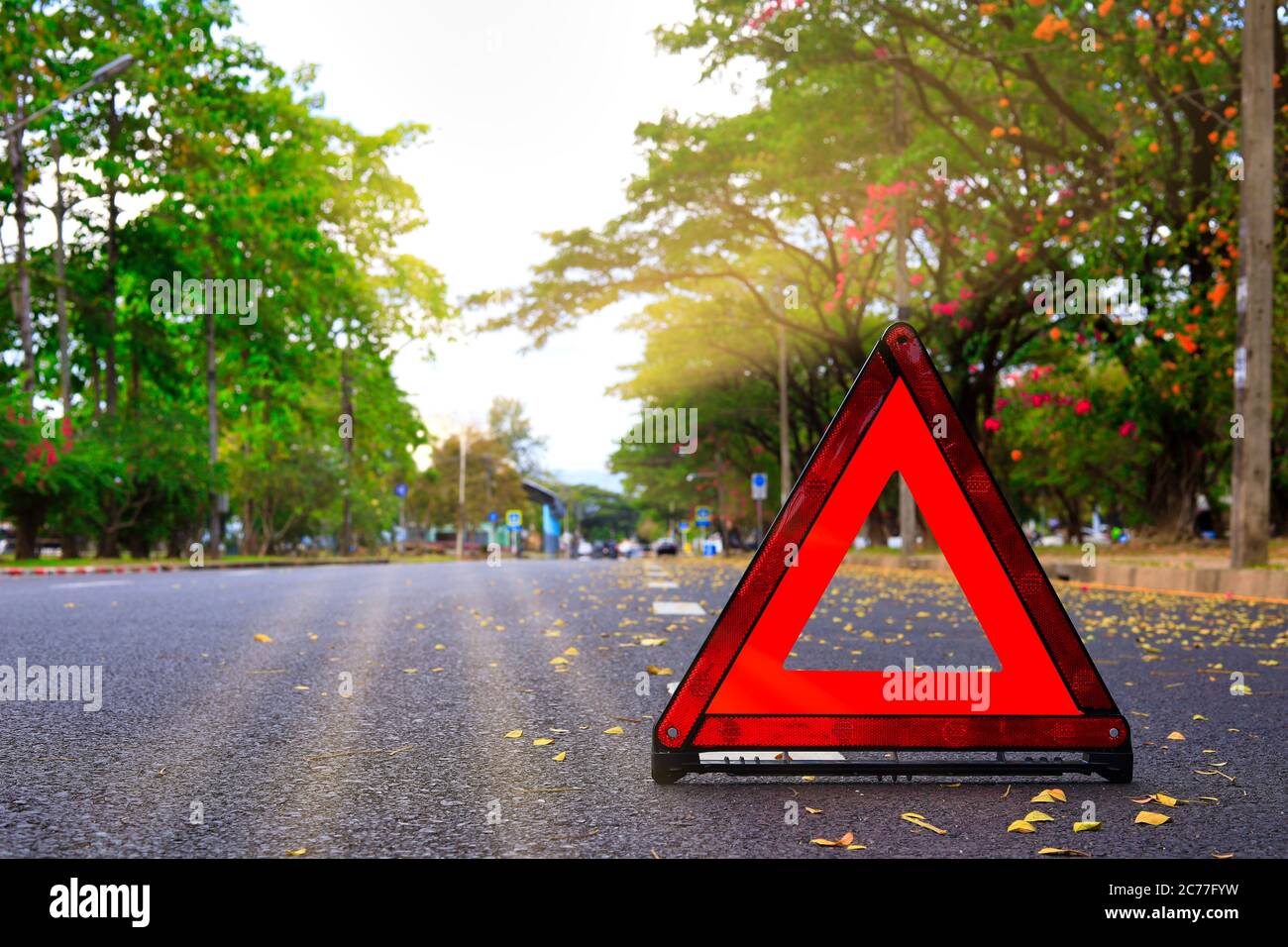 Red triangle, red emergency stop sign, red emergency symbol on road ...