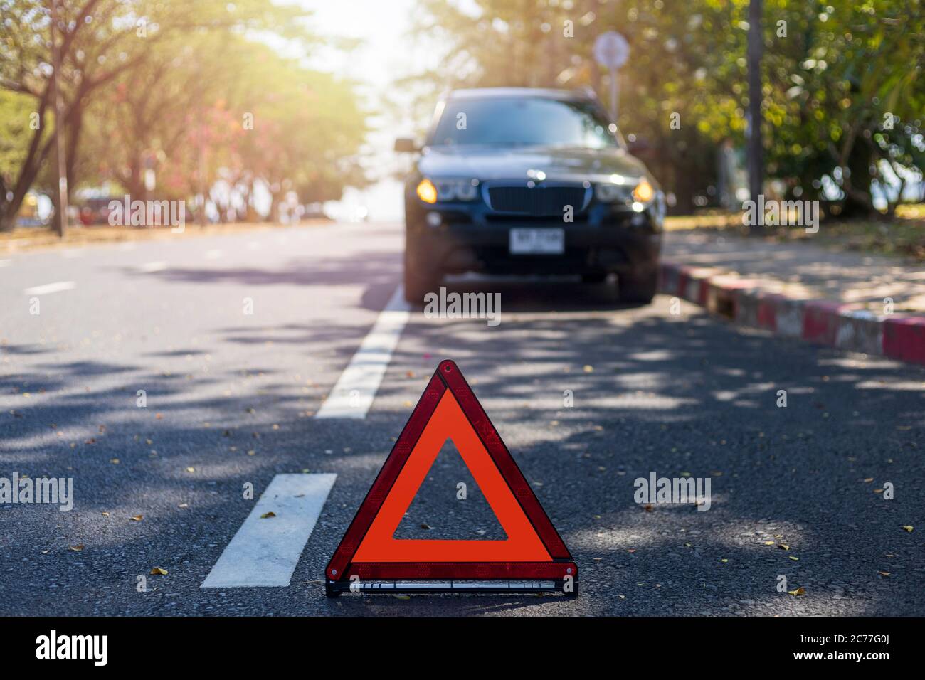 Red triangle, red emergency stop sign, red emergency symbol with car ...