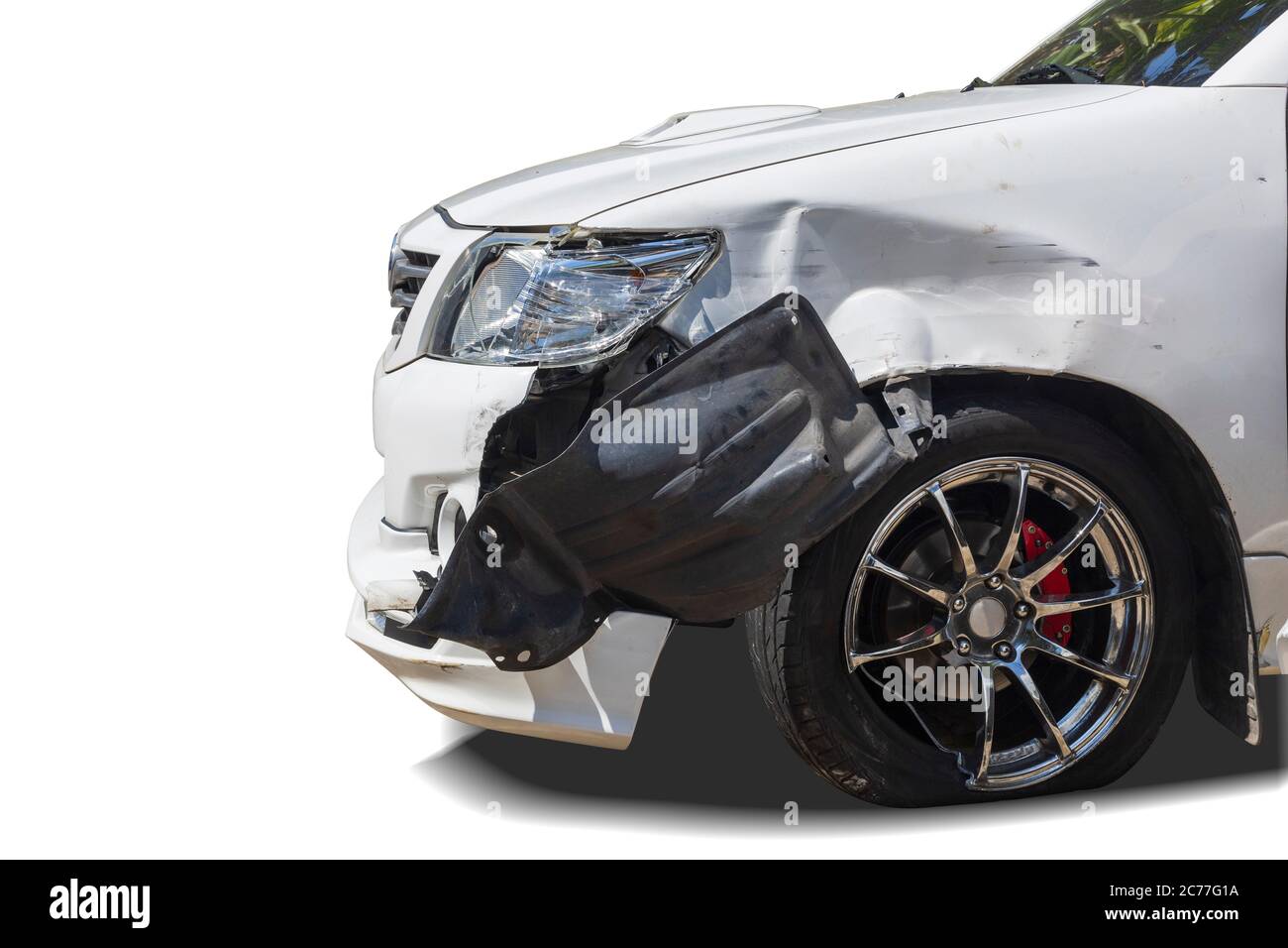 Front of white color car big damaged and broken by accident isolated on ...