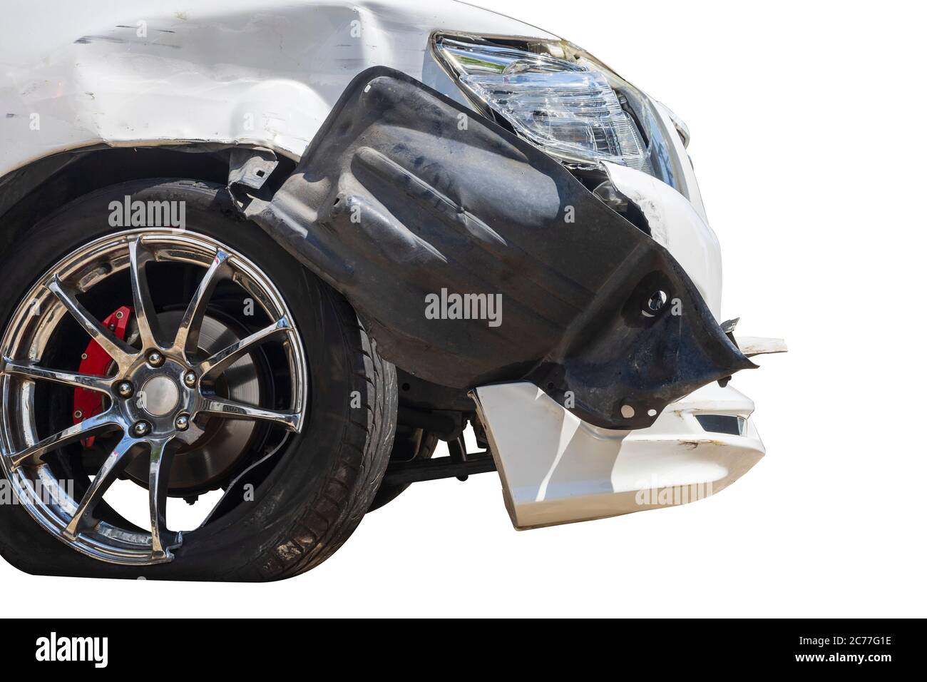 Front of white color car big damaged and broken by accident on city ...