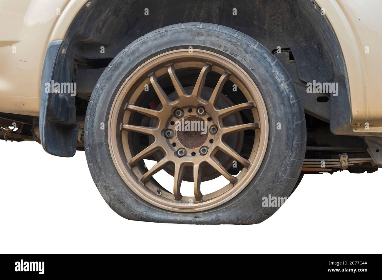 Close up old tire and flat tire on back car isolated on white ...