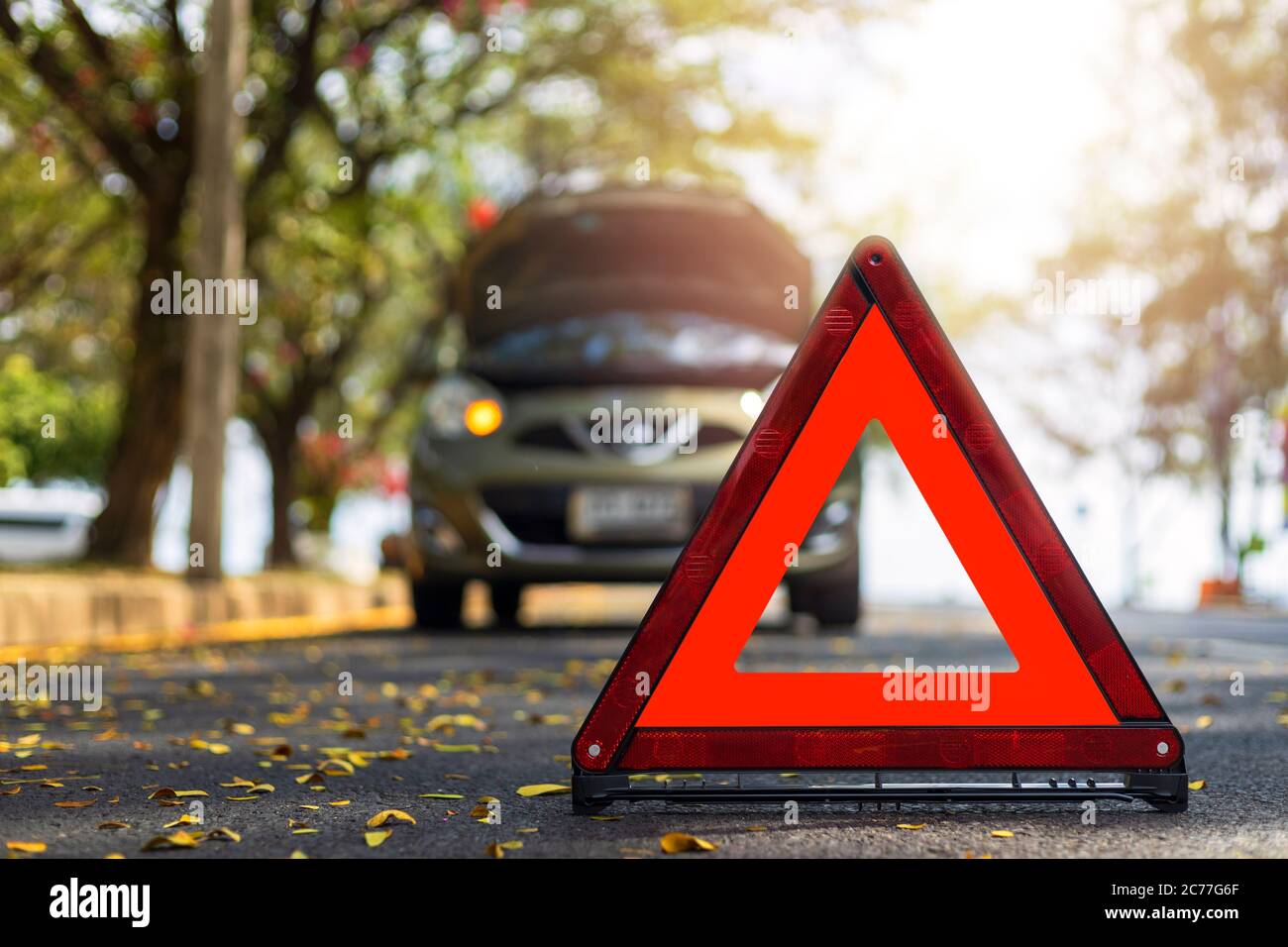 Red triangle, red emergency stop sign, red emergency symbol and car ...