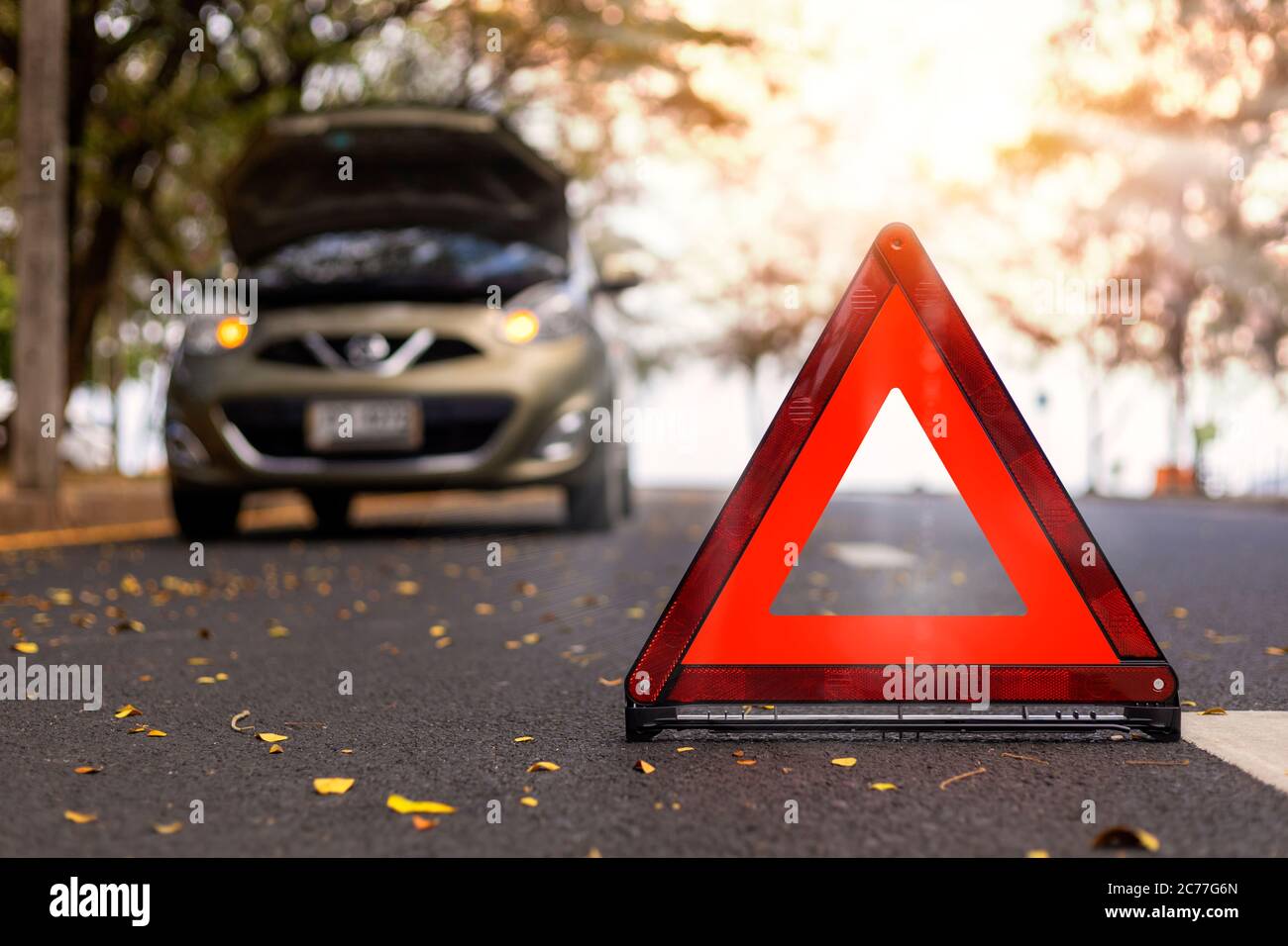 Red triangle, red emergency stop sign, red emergency symbol and car ...