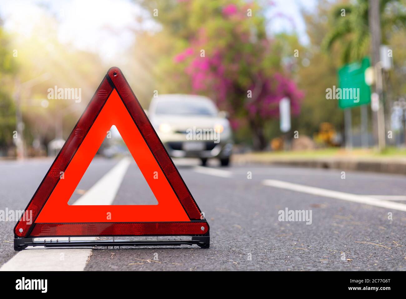 Red triangle, red emergency stop sign, red emergency symbol and car ...