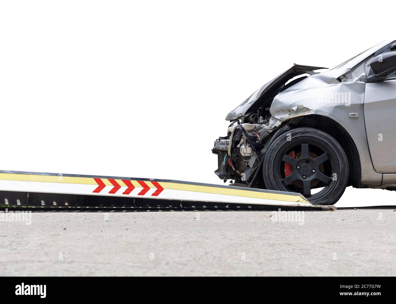 accident Car Slide on truck for move. Gray car have damage by accident ...