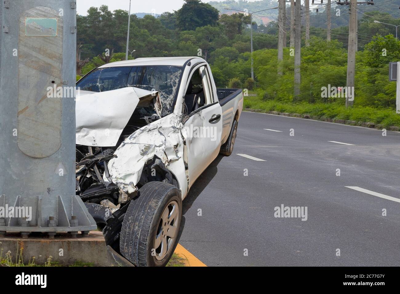 Car crash. Front of car crash with electric pole have damaged and ...