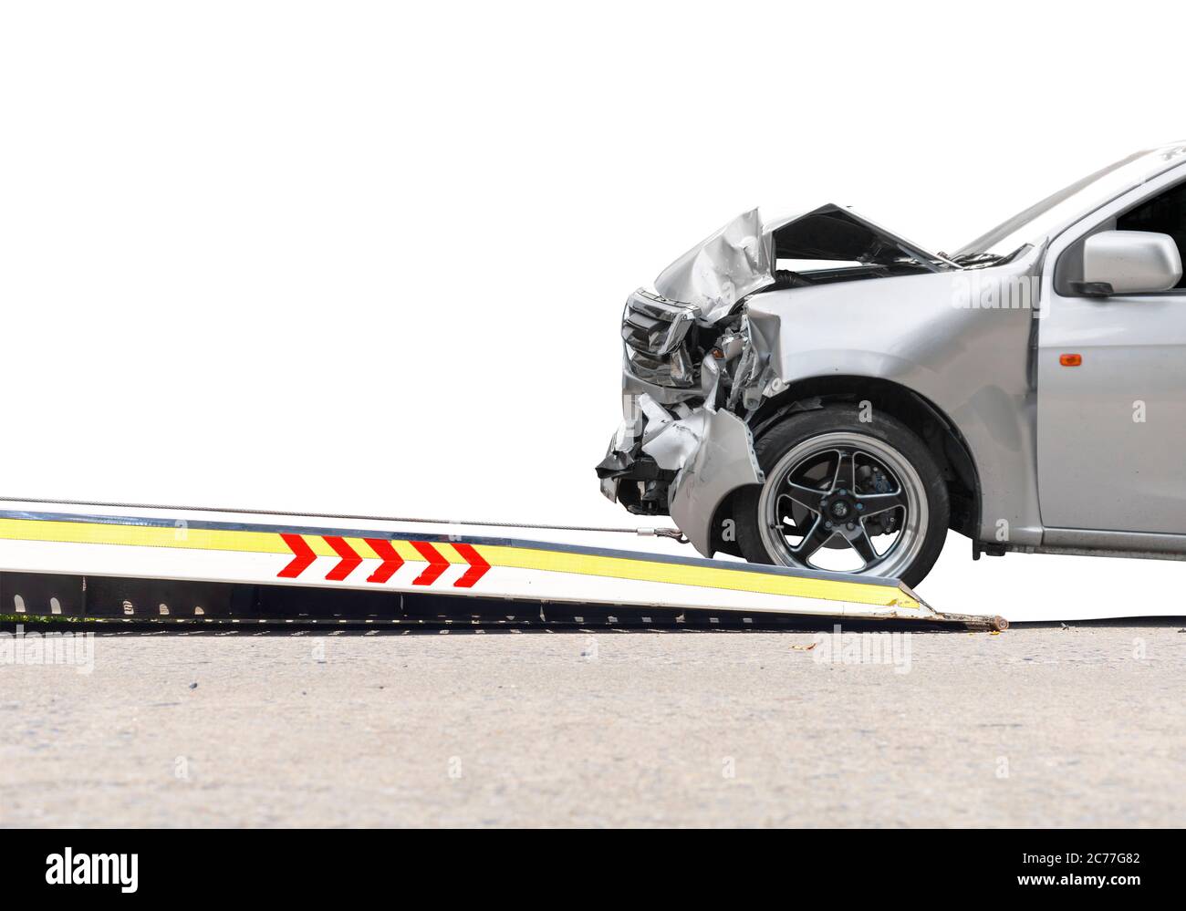 accident Car Slide on truck for move. Gray car have damage by accident ...