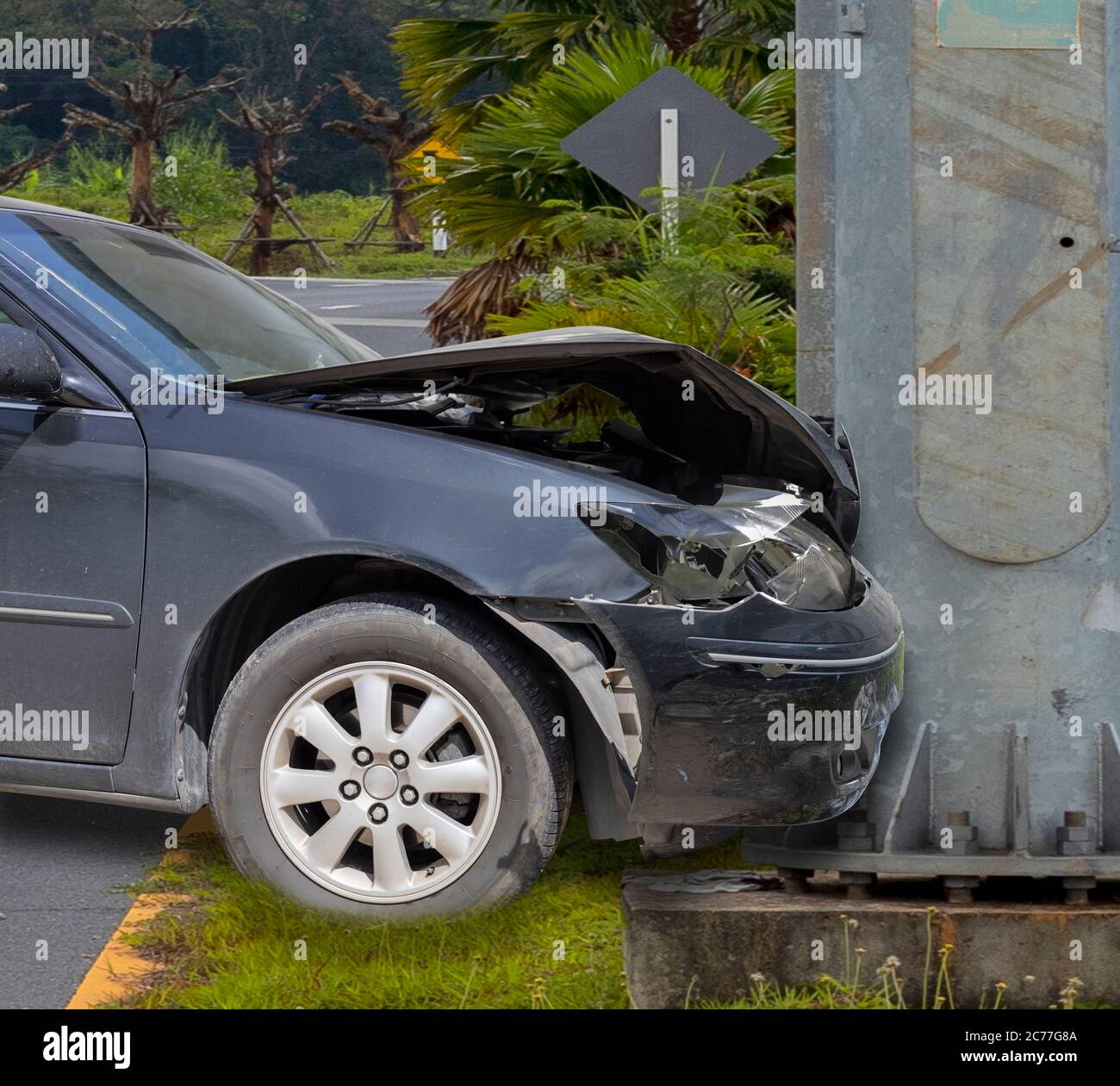 Car crash. Front of car crash with electric pole have damaged and ...