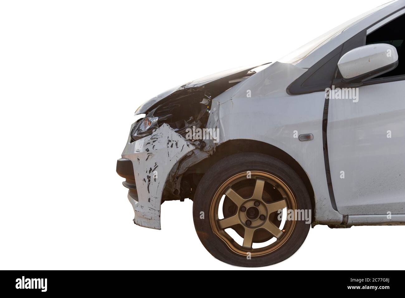 Front of white color car damaged and broken by accident isolated on ...