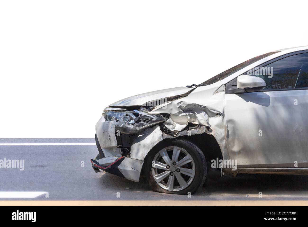 Front of white color car damaged and broken by accident isolated on ...