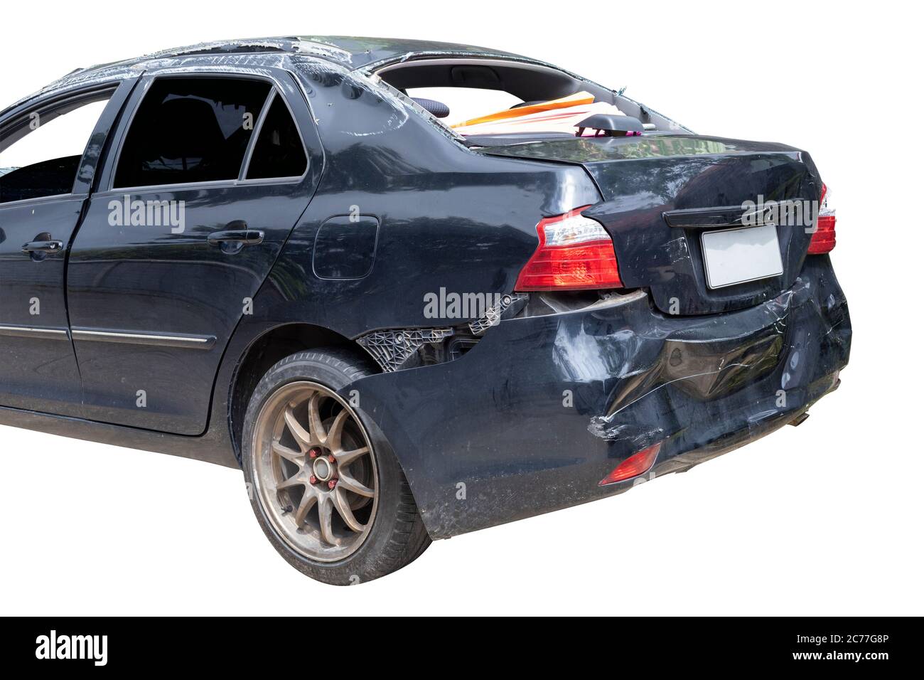Back of black color car damaged and broken by accident . Isolate on ...