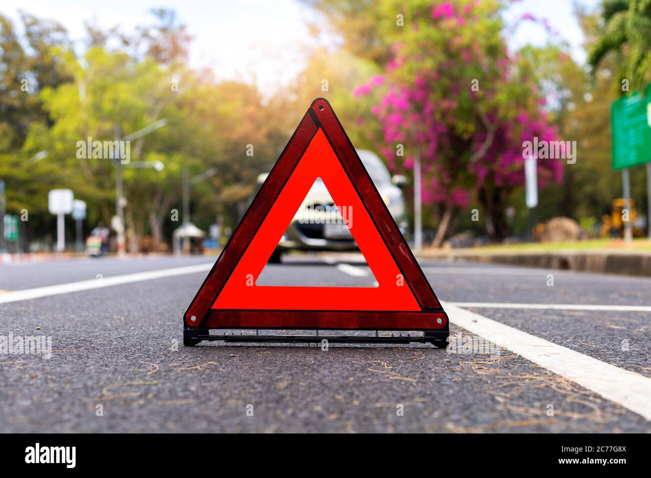 Red triangle, red emergency stop sign, red emergency symbol and car ...
