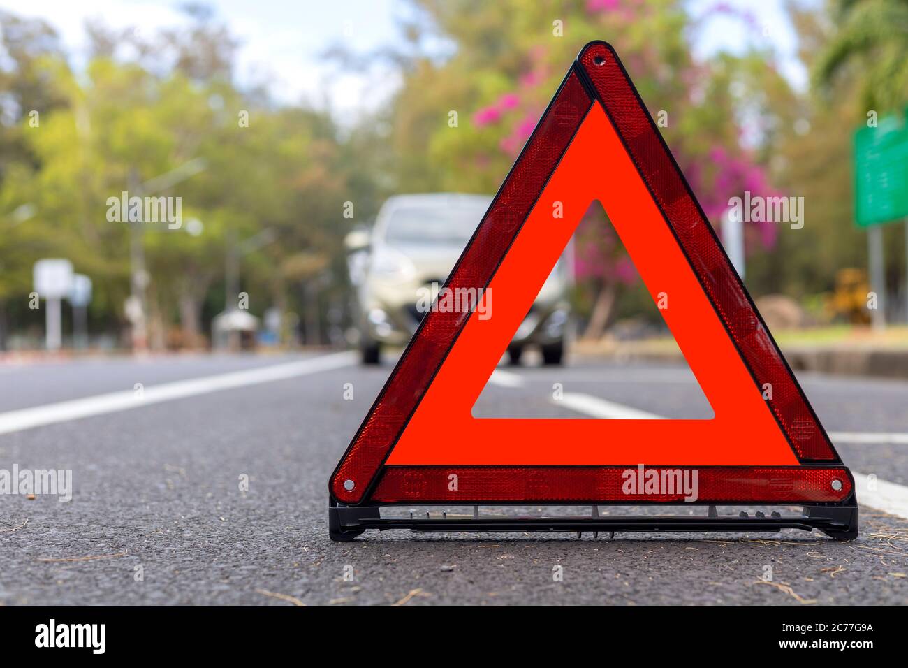 Red triangle, red emergency stop sign, red emergency symbol and car ...