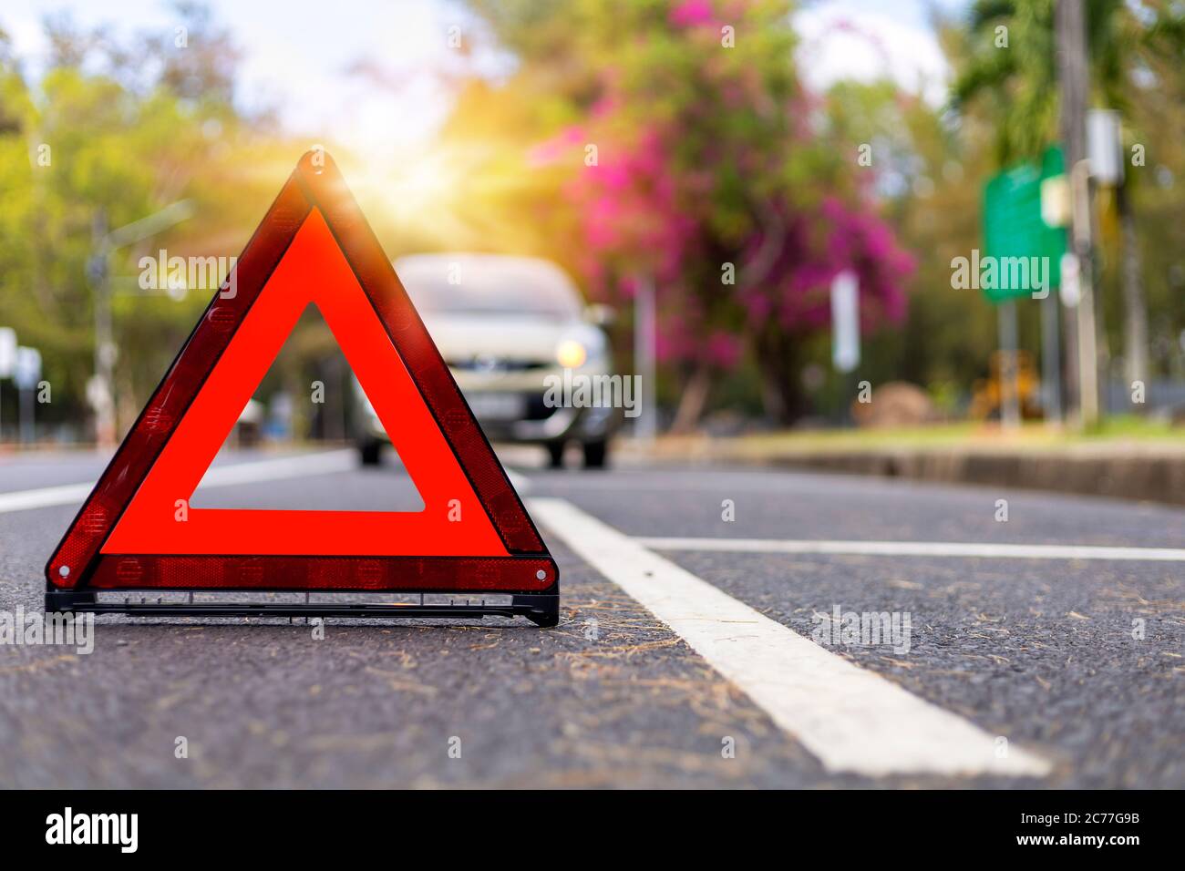 Red triangle, red emergency stop sign, red emergency symbol and car ...