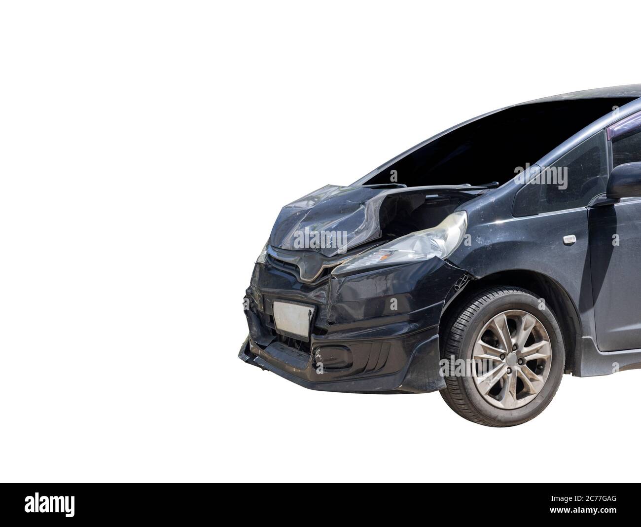 Front of black color car damaged and broken by accident . Isolate on ...