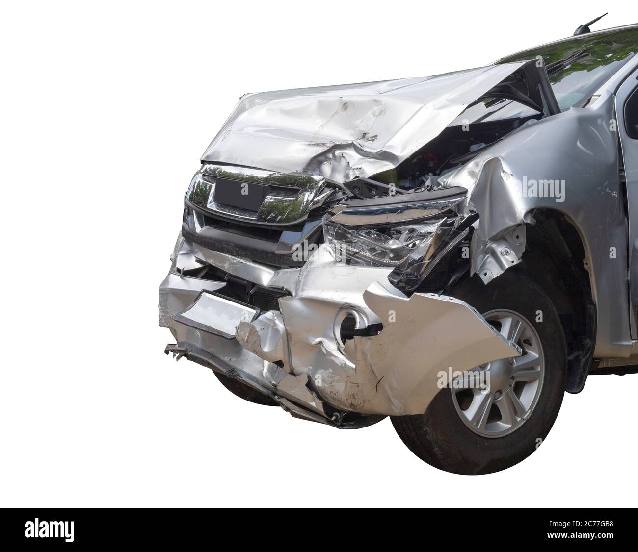 Front of gray color car big damaged and broken by accident isolated on ...
