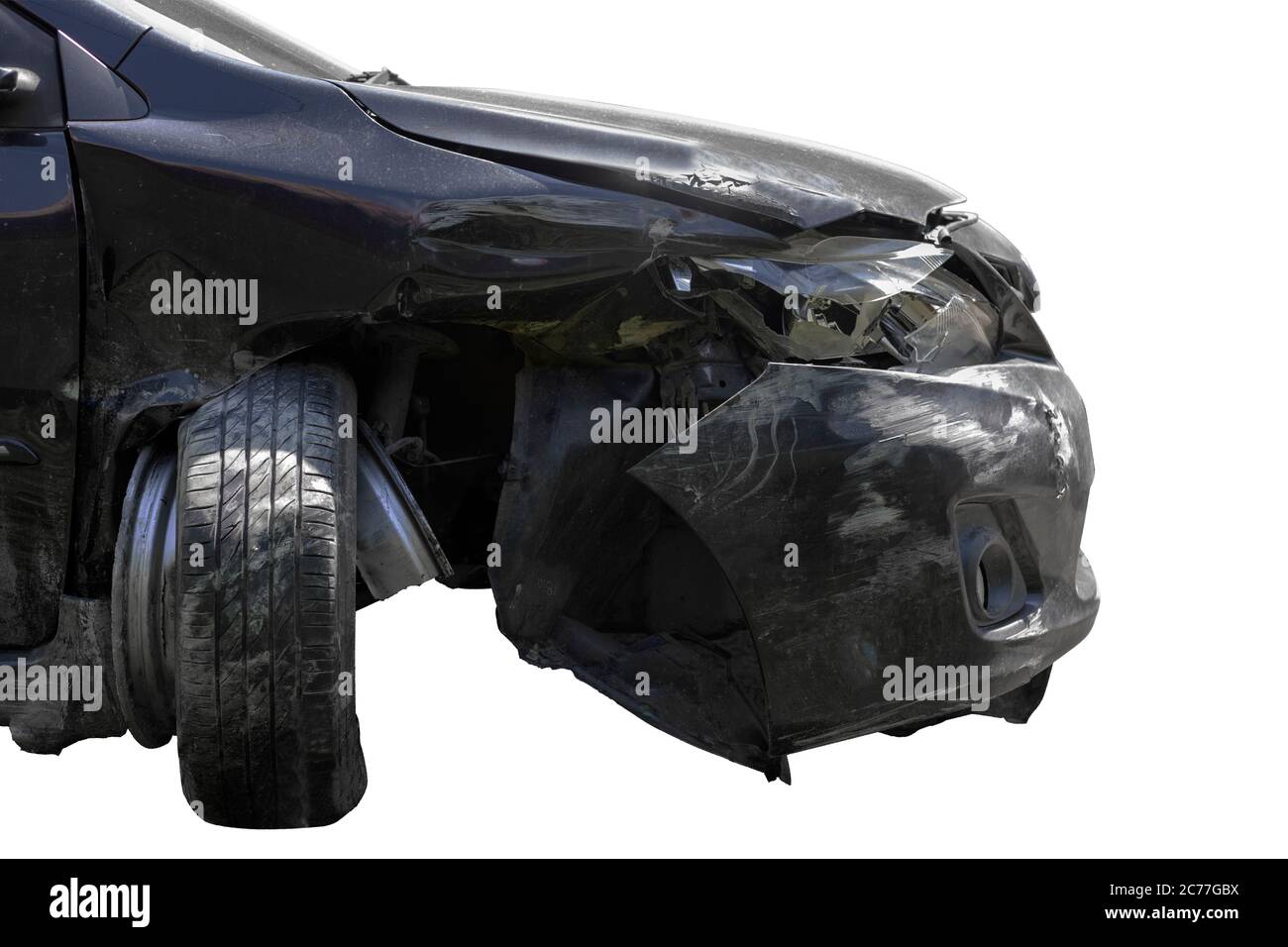 Front of black color car damaged and broken by accident isolate on ...