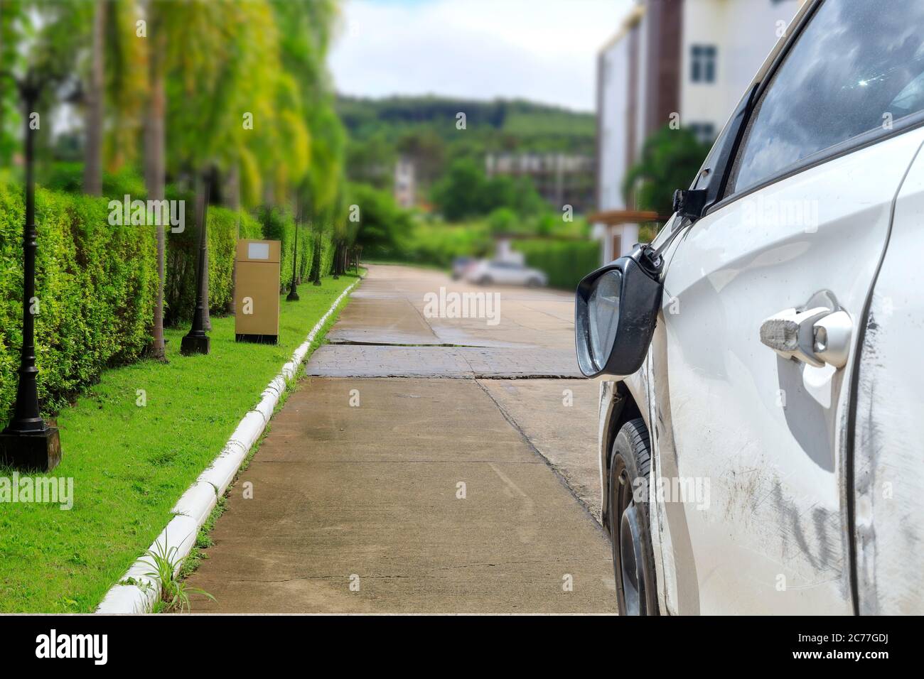 Car accident on road car door and rearview mirror broken Stock Photo ...