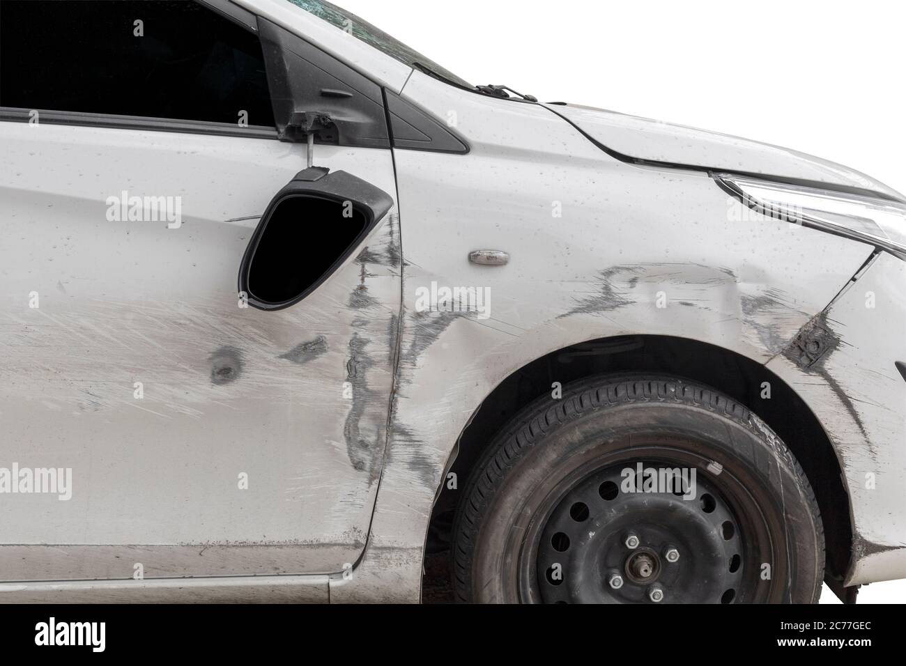 Close up car accident or crash car door and rearview mirror broken ...