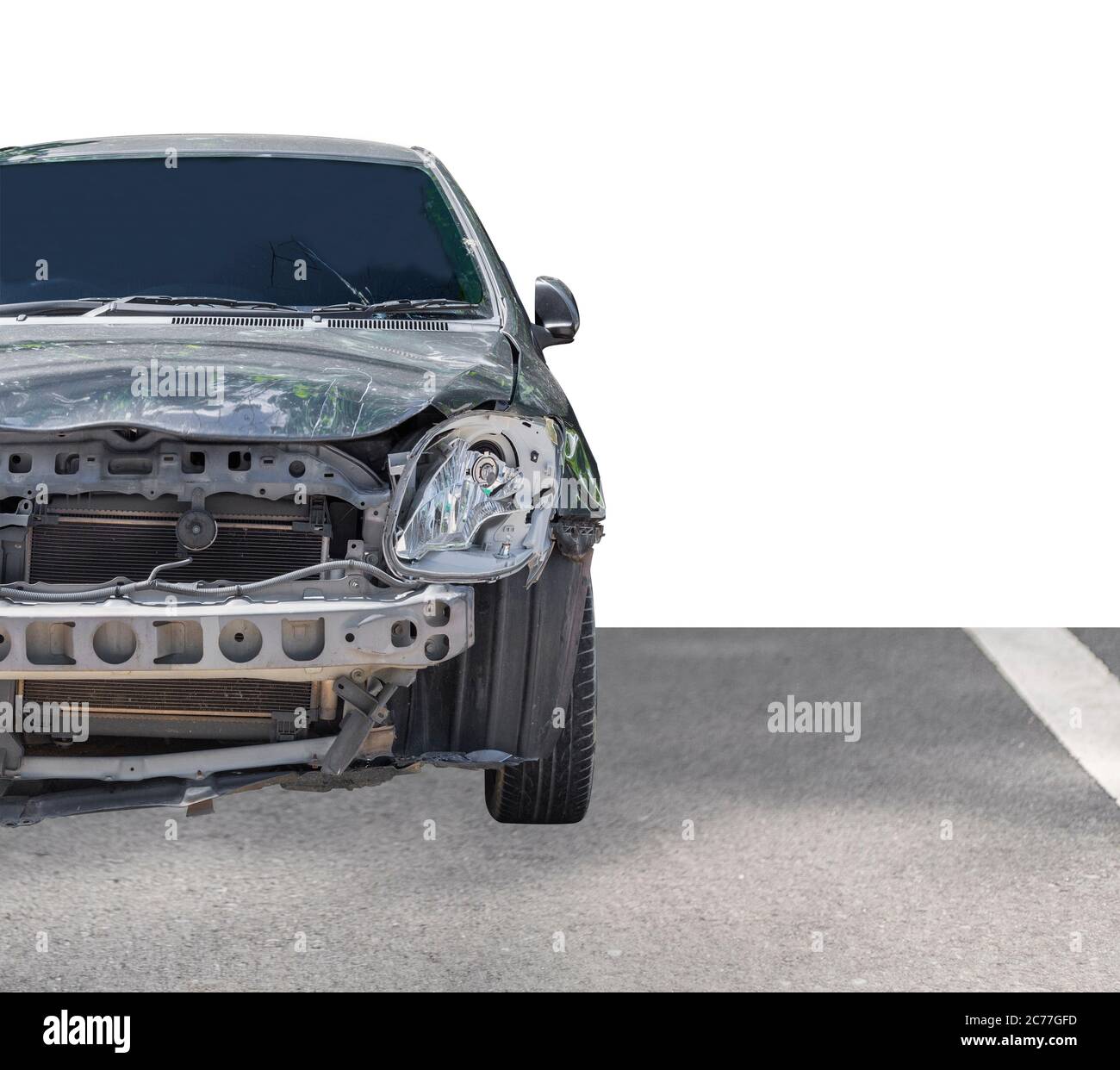 Front of black color car damaged and broken by accident . Isolate on ...