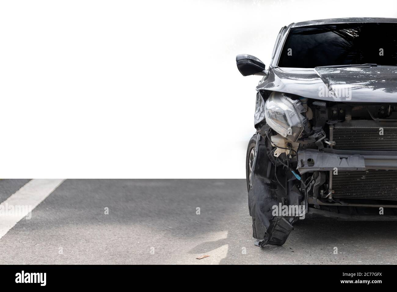 Front of black color car damaged and broken by accident . Isolate on ...