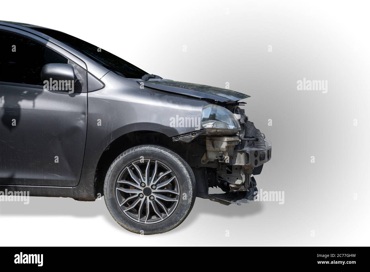 Car crash. Front of gray color car have scratch from damage. Close up ...