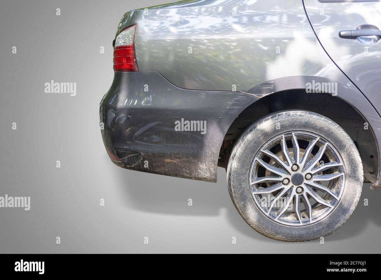 Car crash. Beside the gray color car have scratch from damage. Close up ...
