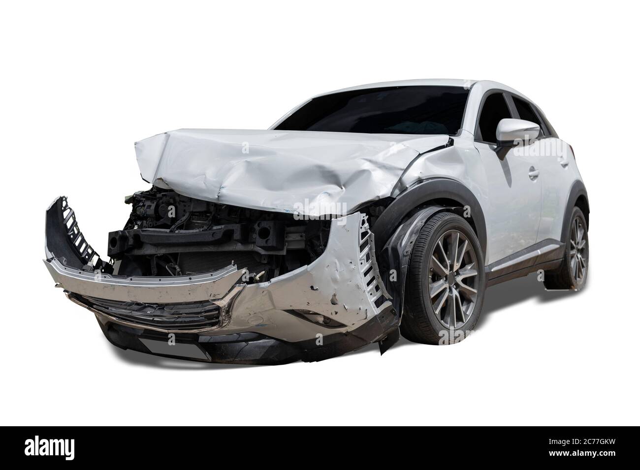 Front of gray color car damaged and broken by accident . Isolate on ...