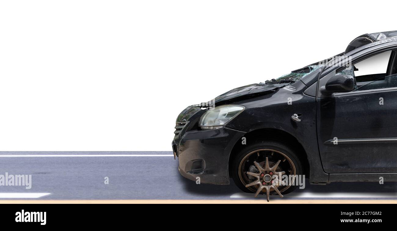Front of dark gray color car damaged and broken by accident isolate on ...