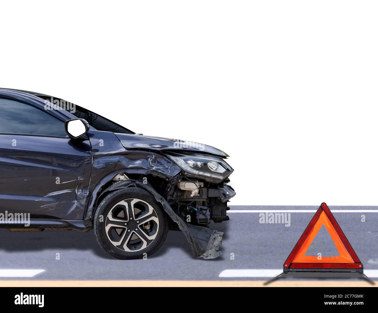 Front of black color car big damaged and broken by accident on street ...