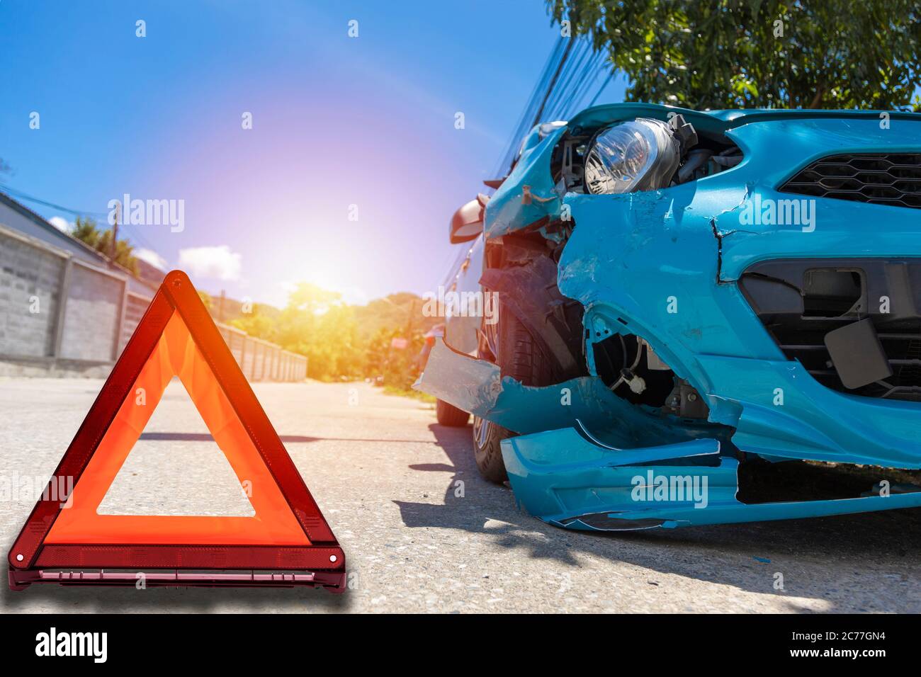 Front of blue color car big damaged and broken by accident on city ...